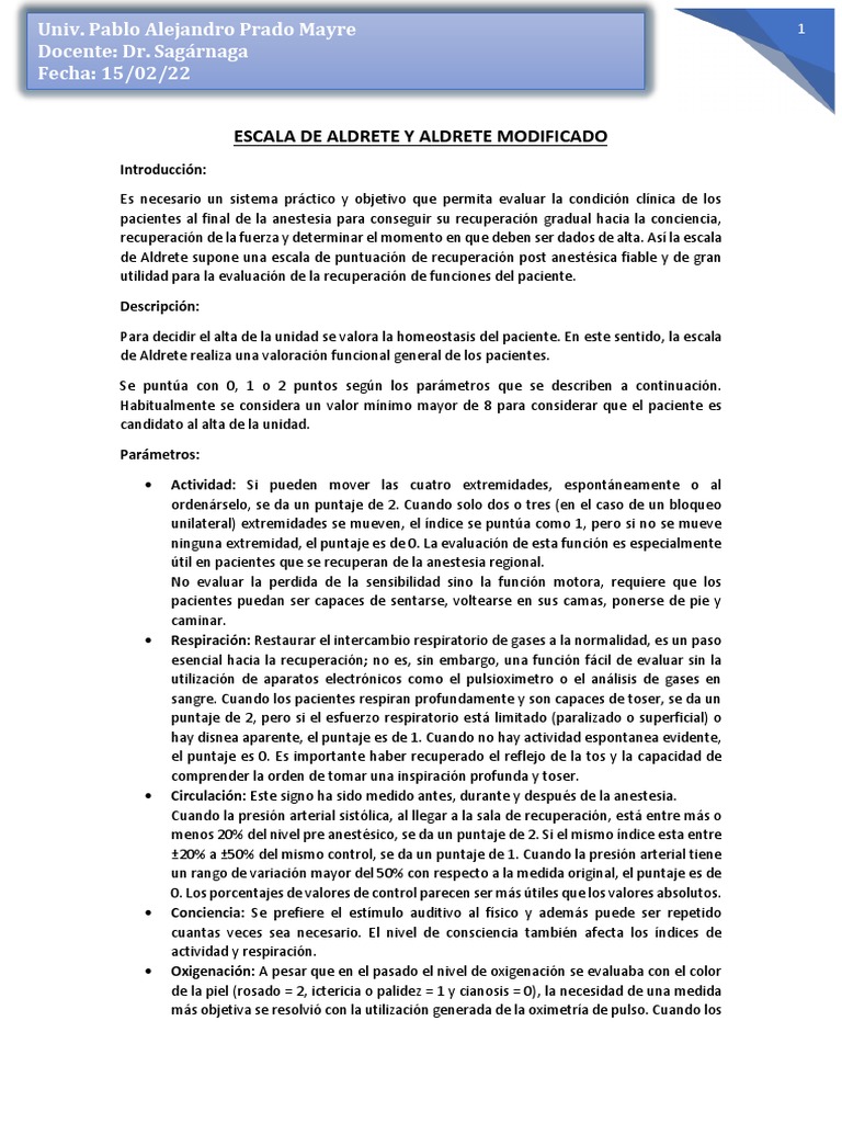 Escala de Aldrete Modificado | PDF