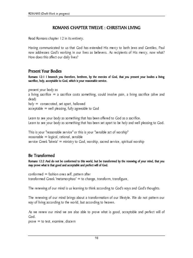Romans Chapter 12 | PDF | Grace In Christianity | Epistle To The Romans