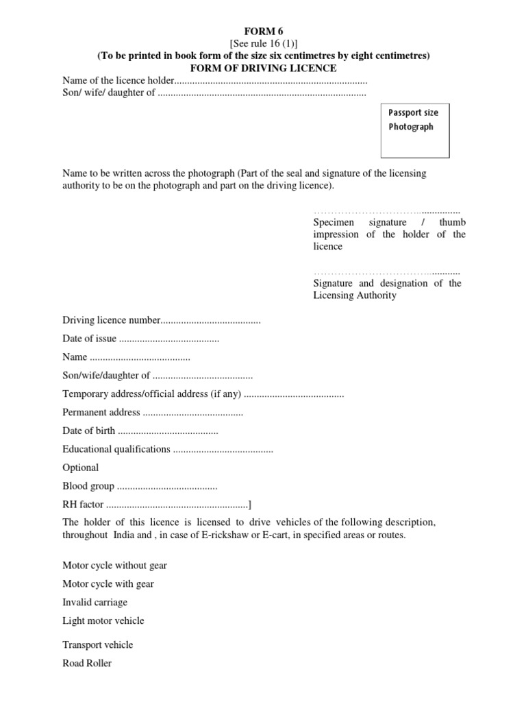 Form 6 (To Be Printed in Book Form of The Size Six Centimetres by Eight ...