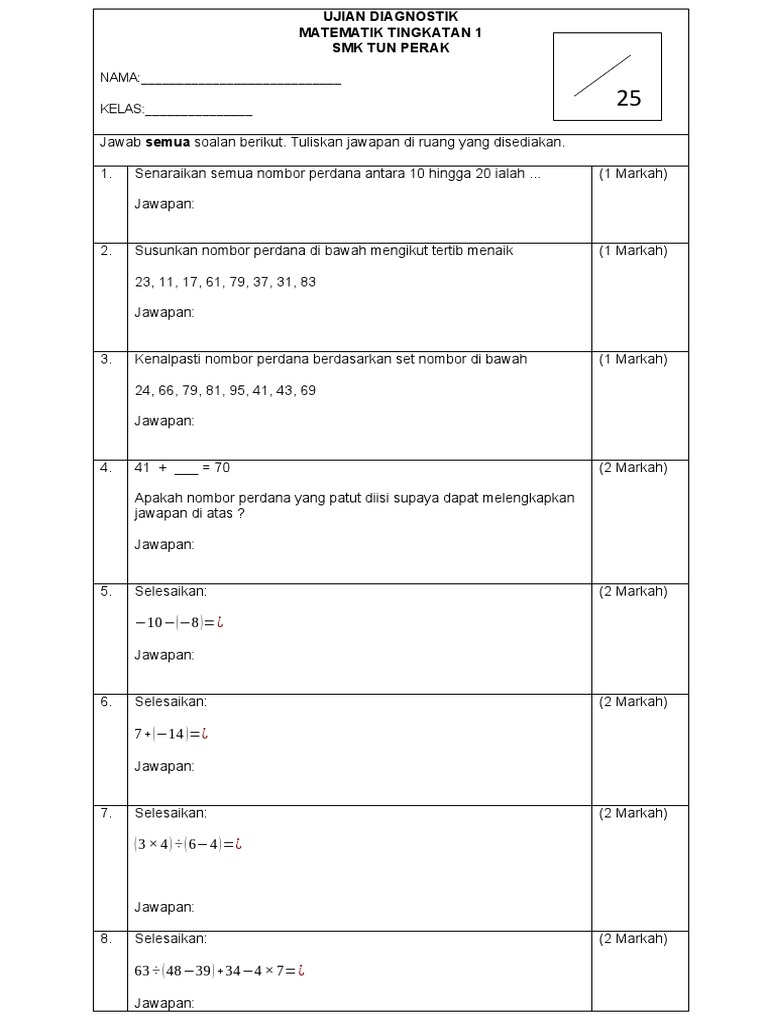 Ujian Diagnostik Matematik Tingkatan 1 | PDF