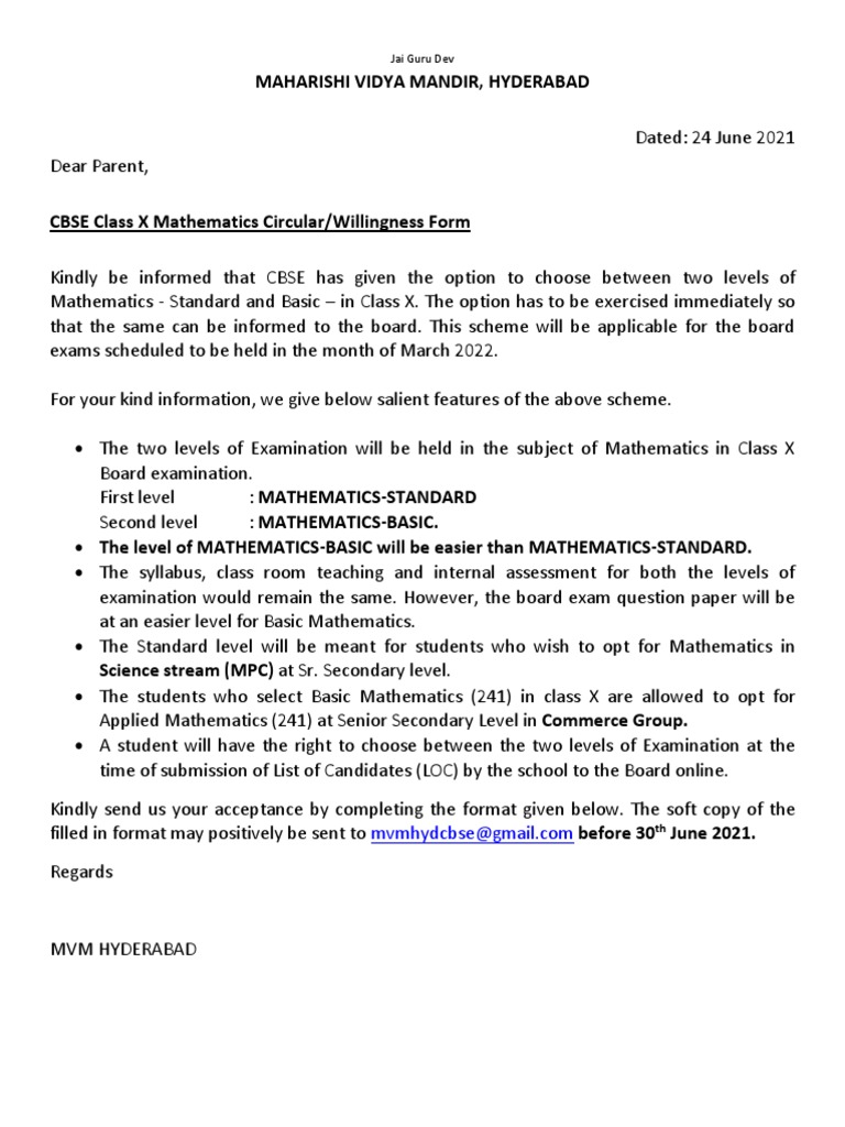 Class X Mathematics Willingness Form & Circular | PDF | Test ...