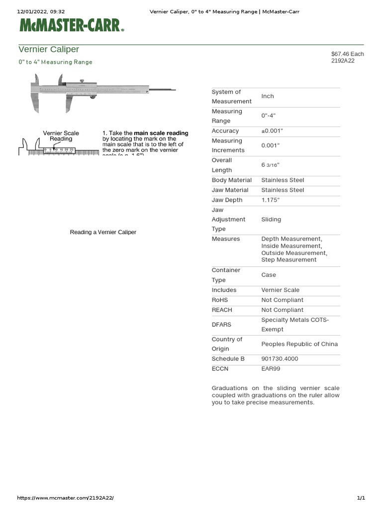 Vernier Caliper, 0 - To 4 - Measuring Range - McMaster-Carr | PDF ...