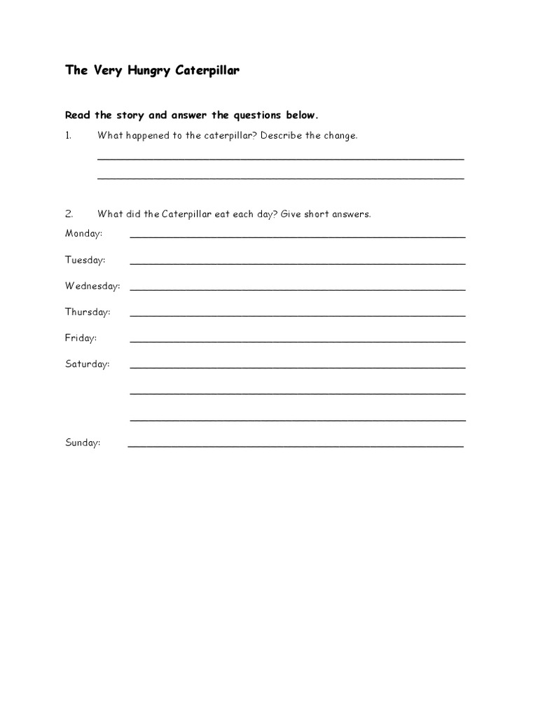 The Very Hungry Caterpillar Reading Comprehension Worksheet | PDF