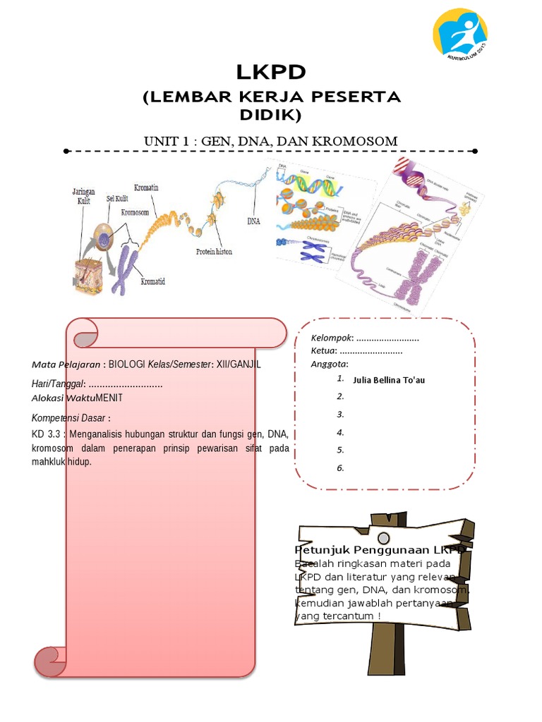 LKPD SUBSTANSI MATERI GENETIK (JULIA BELLINA TO'AU) Kls XII MIA 2 (181053) | PDF