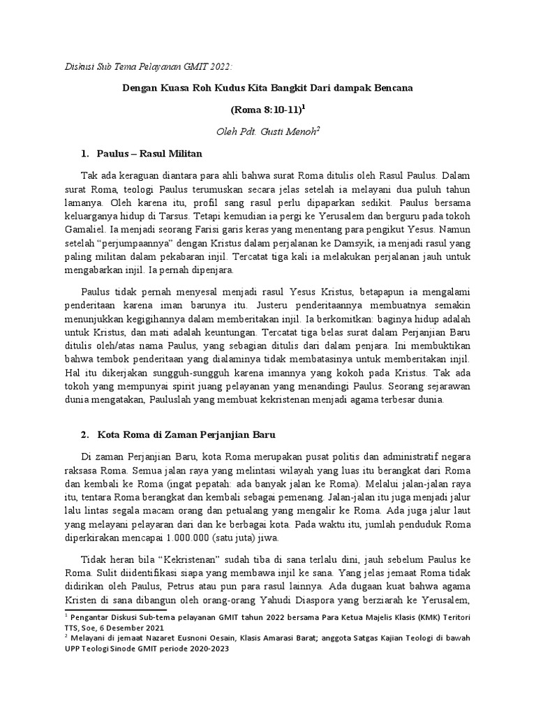 Ulasan Sub-Tema GMIT 2022 - Roma 8.10-11 | PDF