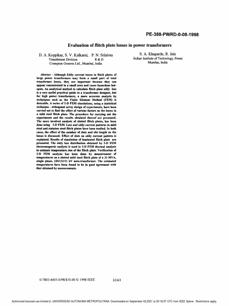 Evaluation of Flitch Plate Losses in Power Transformers | PDF | Finite Element Method | Transformer