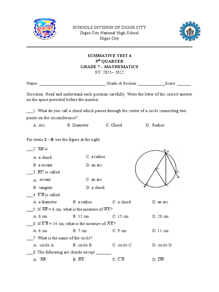Summative Test 4 3 Quarter Grade 7 - Mathematics | PDF | Circle ...