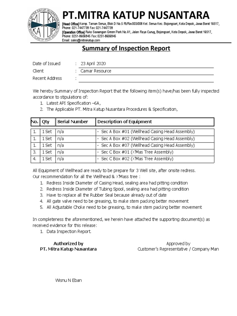 Summary of Inspection Report | PDF