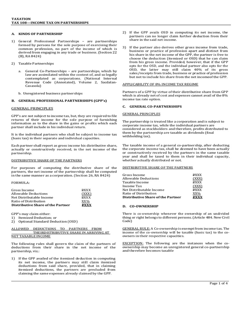 Income Taxation - Partnership | PDF | Corporate Tax | Tax Deduction