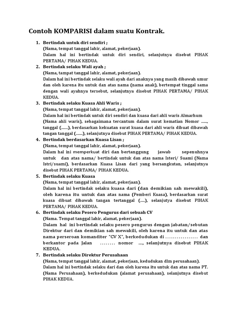 Contoh KOMPARISI Dalam Suatu Kontrak | PDF