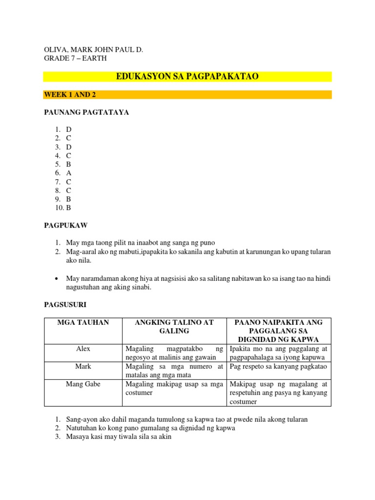 Edukasyon Sa Pagpapakatao: Week 1 and 2 Paunang Pagtataya | PDF