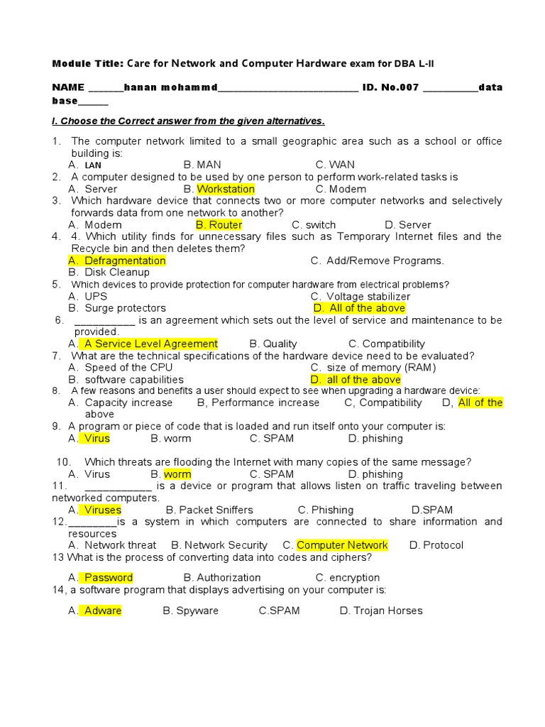 Care For Network and Computer Hardware Exam | PDF | Computer Network ...