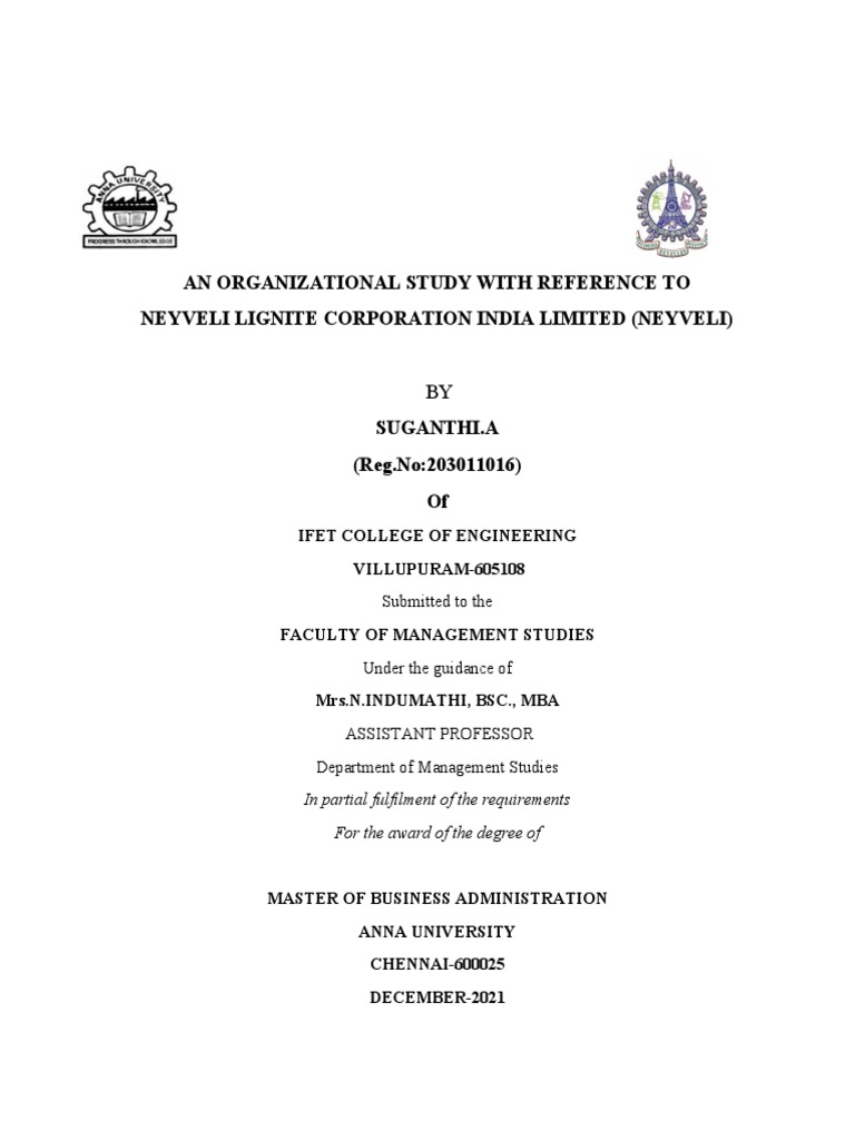 Neyveli Lignite Corporation Study Report | PDF | Career & Growth | Business