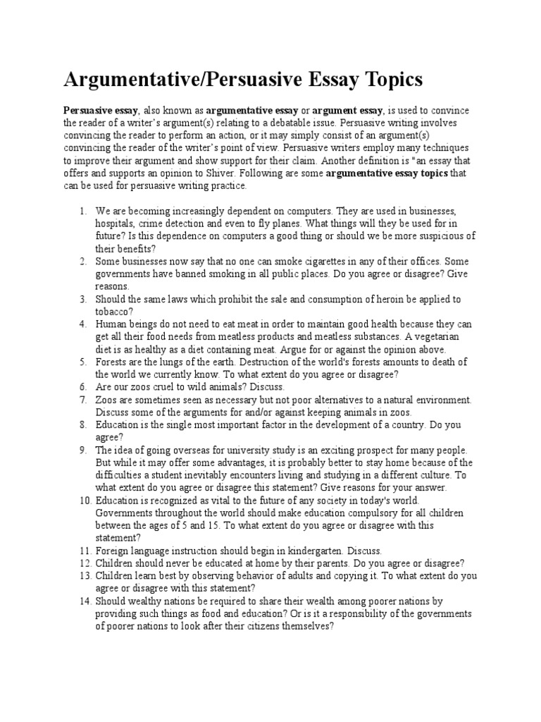Argumentative/Persuasive Essay Topics | Download Free PDF | The United ...
