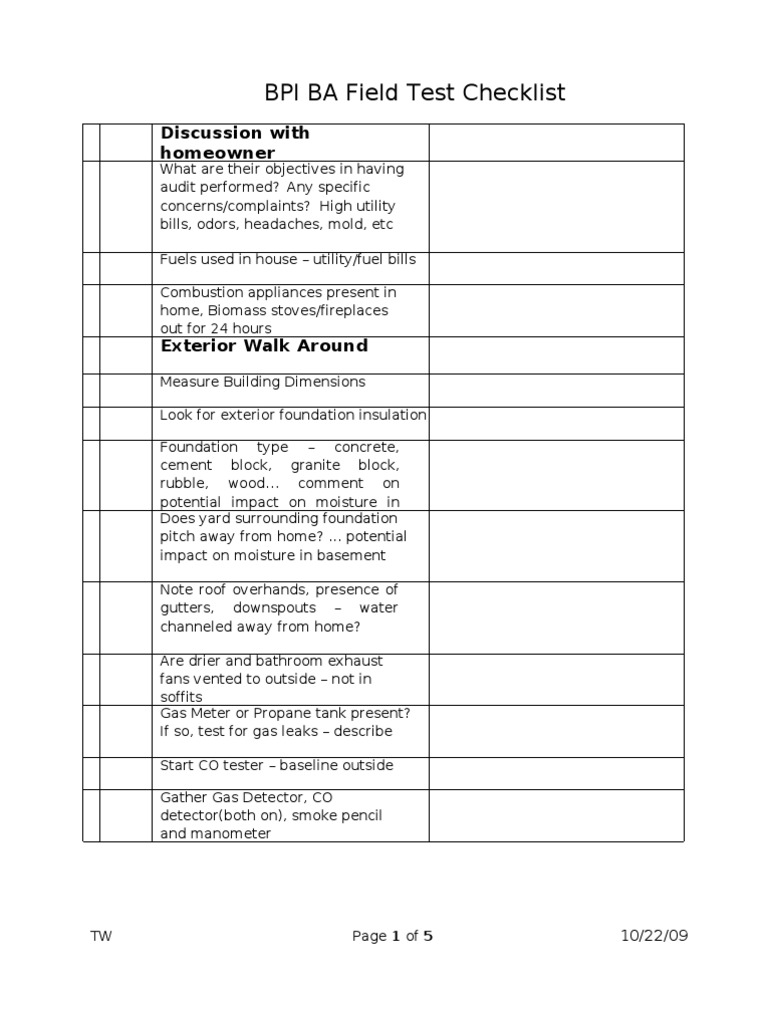 BPI BA Field Test Checklist: Discussion With Homeowner | PDF | Basement ...