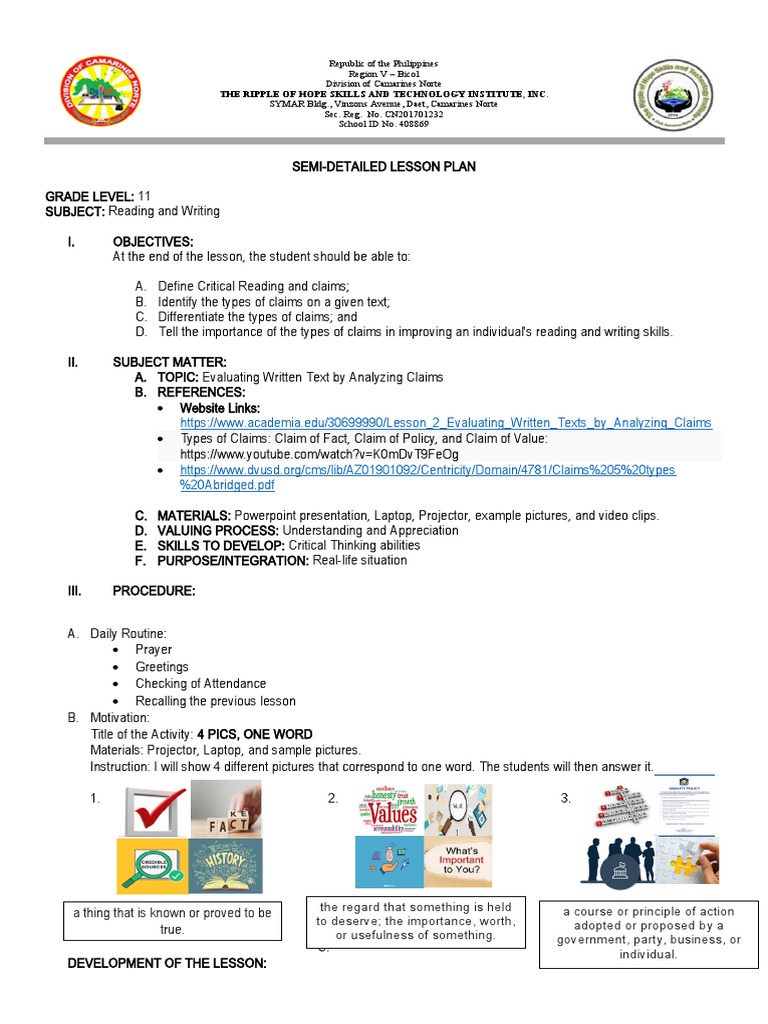 Critical Reading Lesson Plan for Grade 11 | PDF | Argument | Literacy
