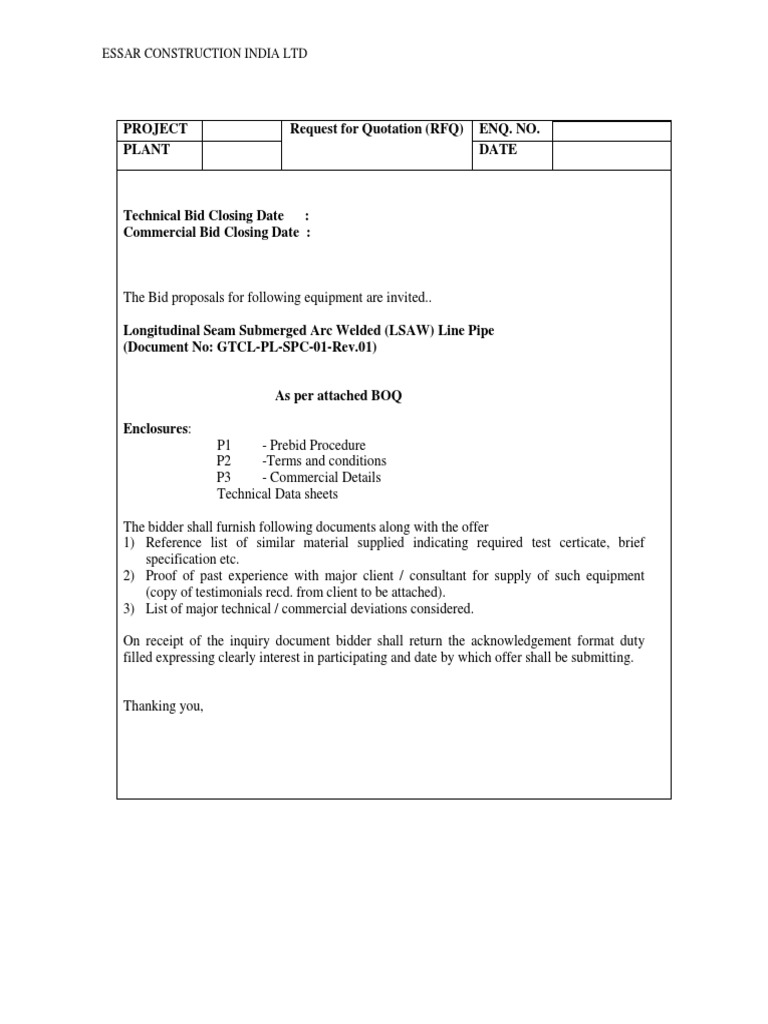 RFQ Line Pipe GTCL | PDF | Pipe (Fluid Conveyance) | Construction