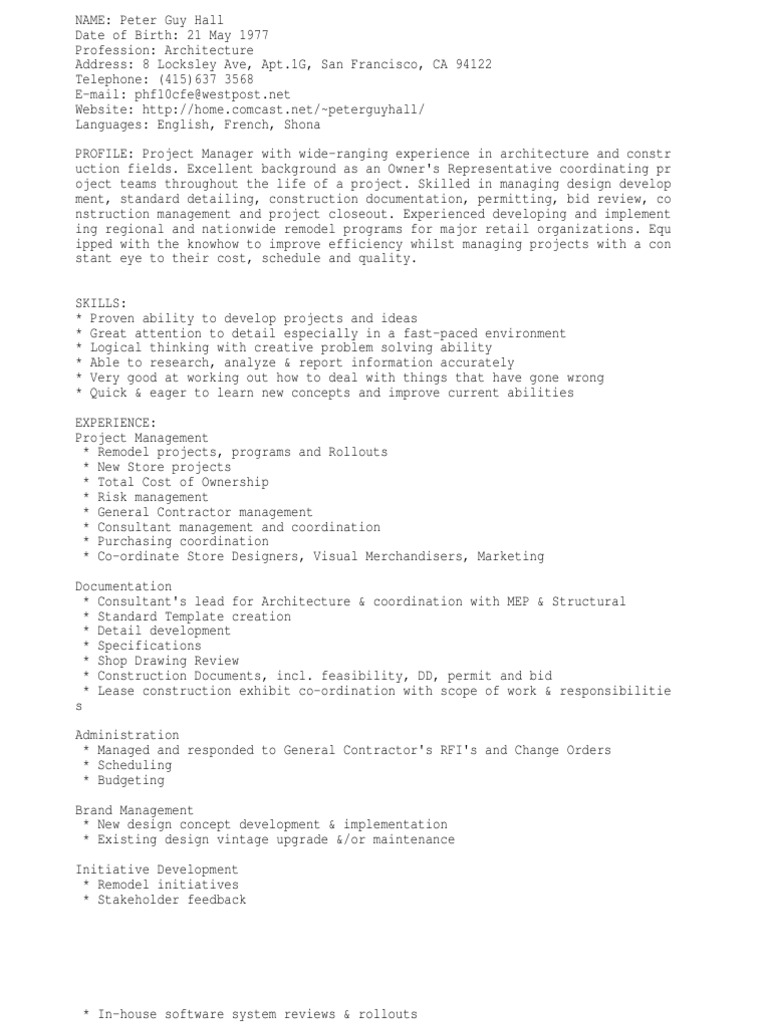 Peter Guy Hall: Architecture Project Manager | PDF | Retail ...