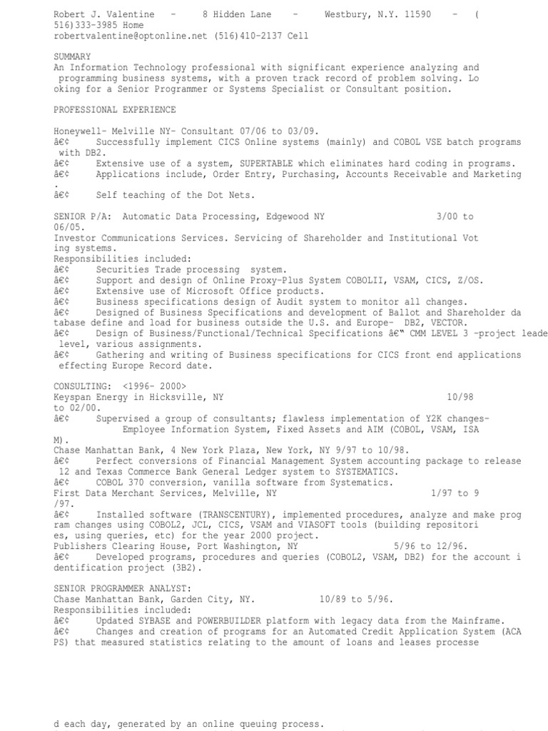 Resume of Robert Valentine - COBOL Programmer | PDF | Ibm Db2 | Programmer