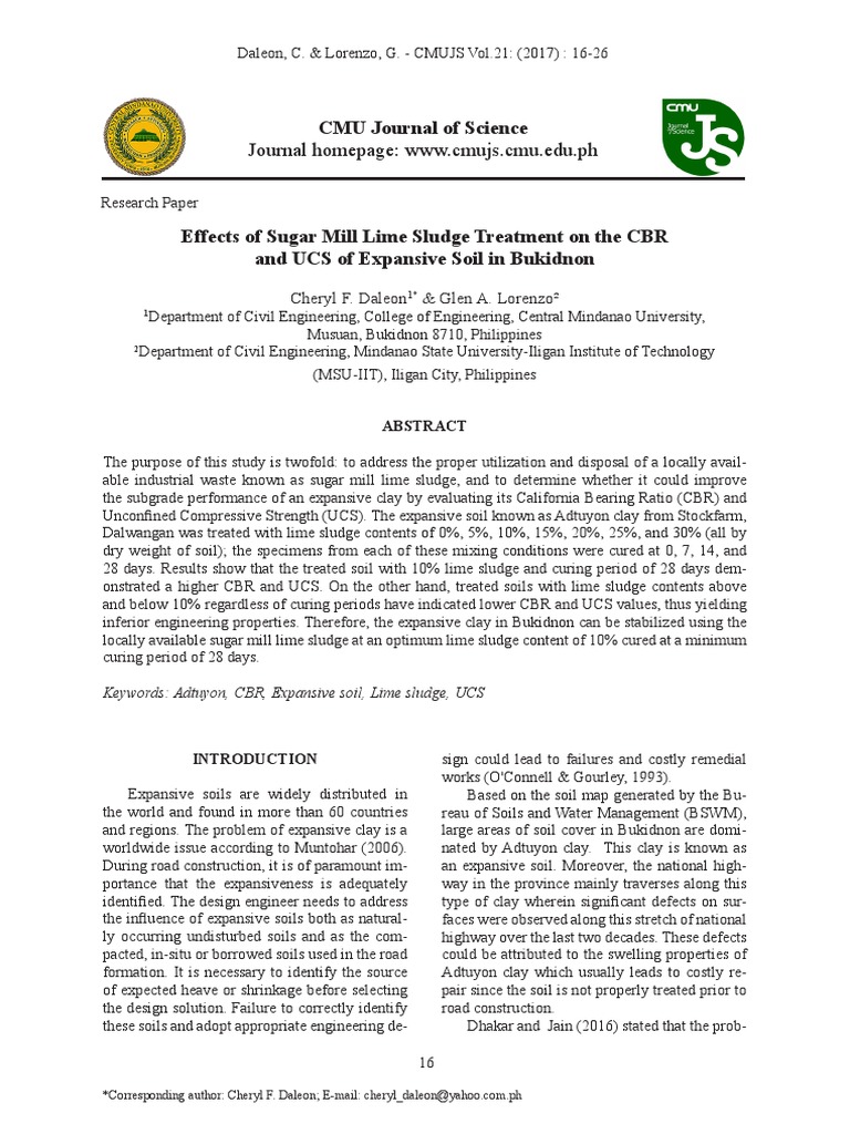 Effects of Sugar Mill Lime Sludge Treatment On The CBR and UCS of ...