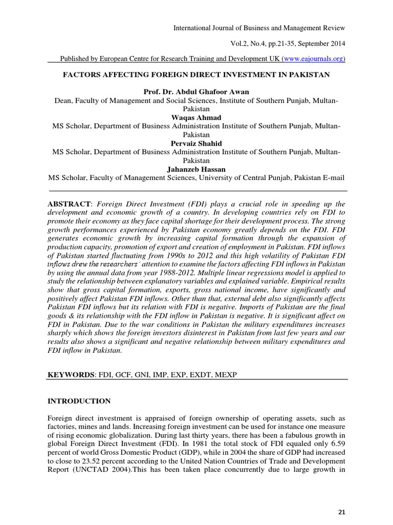 Factors Affecting Foreign Direct Investment in Pakistan | PDF | Foreign ...