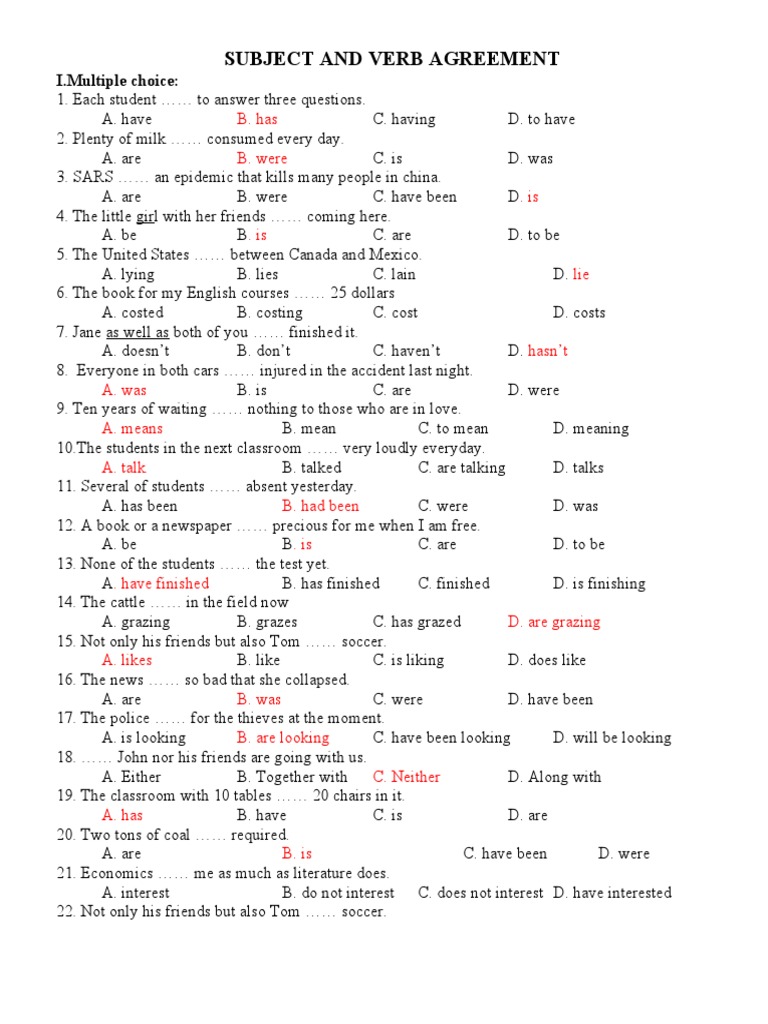 Subject and Verb Agreement: B. Has B. Were - Is - Is Lie | PDF
