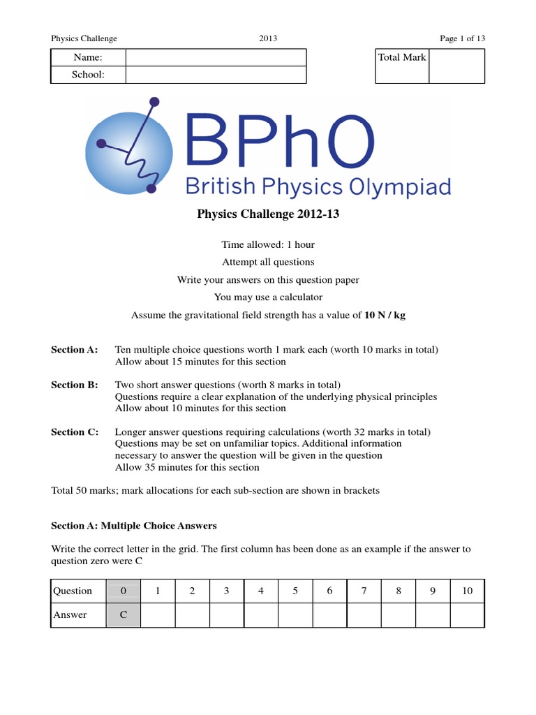 BPhO 2013 QP | PDF | Electrical Resistivity And Conductivity | Atoms