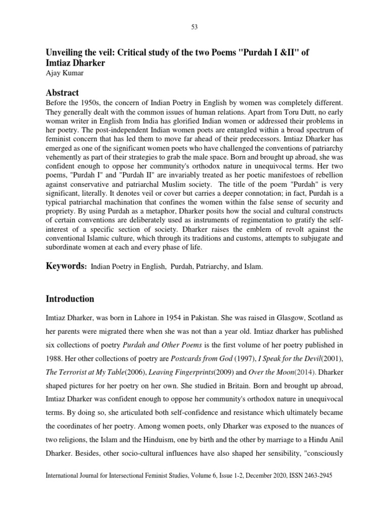 Unveiling The Veil: Critical Study of The Two Poems "Purdah I &II" of ...