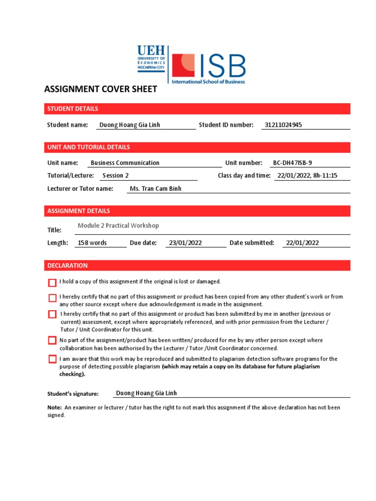 Module 2 Practical Workshop - BC9 - DUONG HOANG GIA LINH - 31211024945 | PDF | Cognition ...