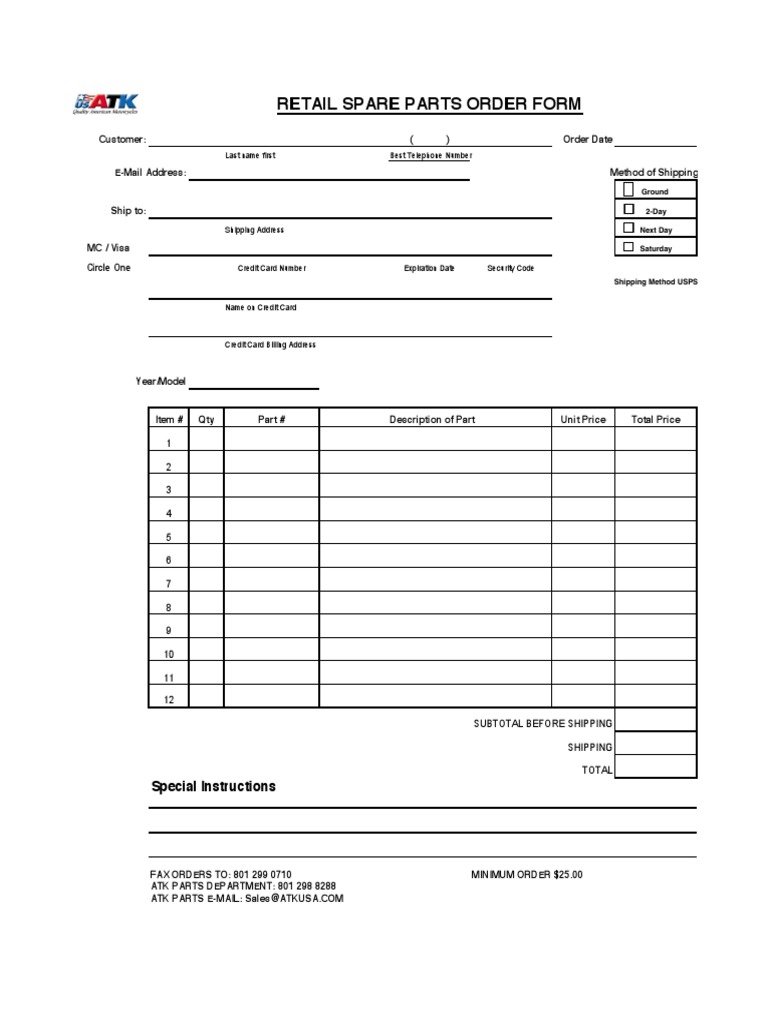 Retail Spare Parts Order Form: Special Instructions | PDF