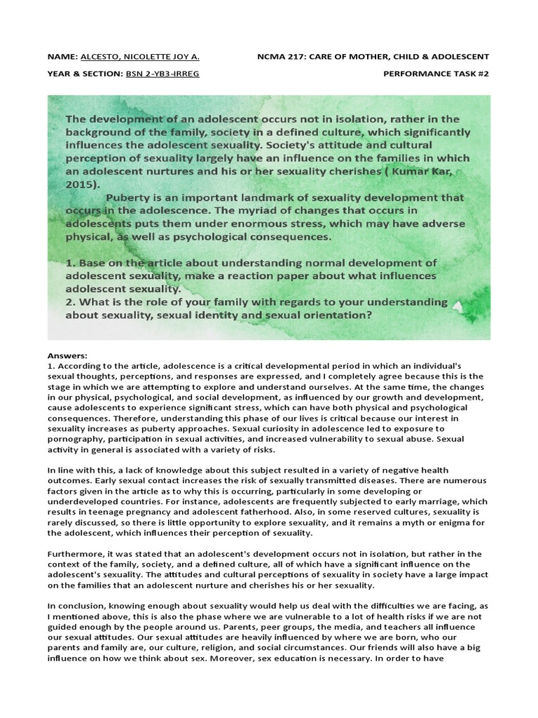 Performance Task #2 - Alcesto (BSN 2-Yb3-Irreg) | PDF | Adolescence | Human Sexuality