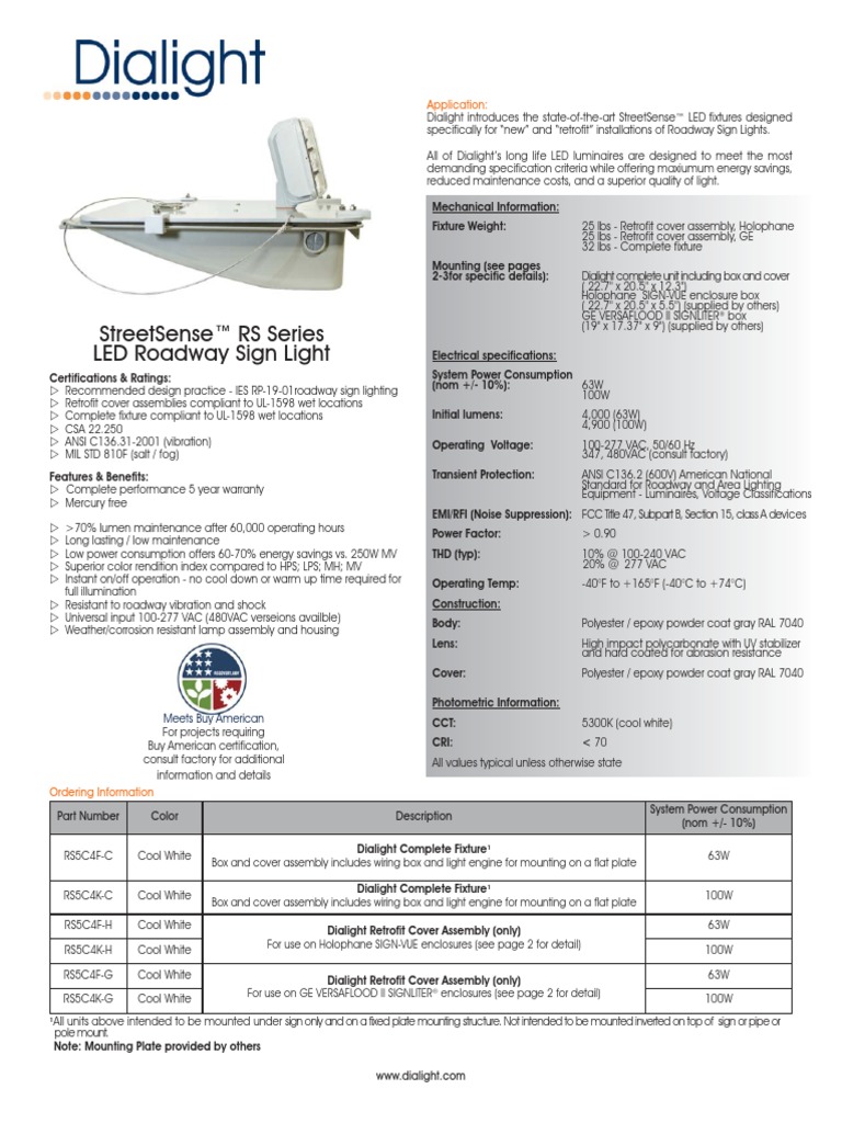Streetsense™ Rs Series Led Roadway Sign Light: Application | PDF | Lighting | Interior Design