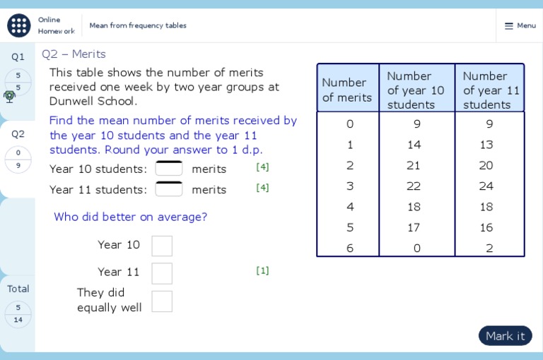 MyMaths Homework - Mean From Frequency Tables 2 | PDF
