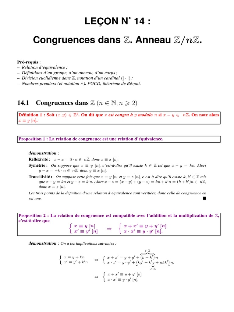 Relation de congruence dans Z/nZ | PDF