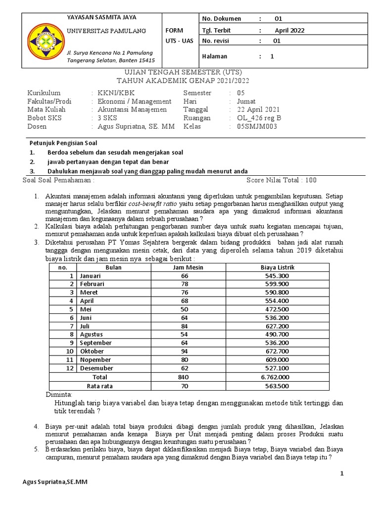 UTS On Line Reg B Kls 05smjm003 Ruang OL - 426 smtrGENAP20212022 Akmen | PDF