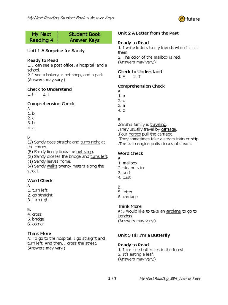 My Next Reading 4 - Answer Keys - SB | PDF