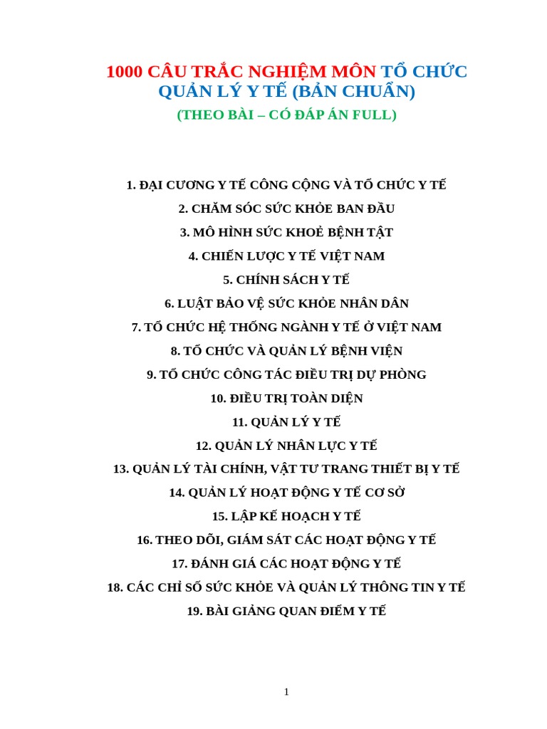 (123doc) - 1000-Cau-Trac-Nghiem-Mon-To-Chuc-Quan-Ly-Y-Te-Ban-Chuan-Theo-Bai-Co-Dap-An-Full | PDF