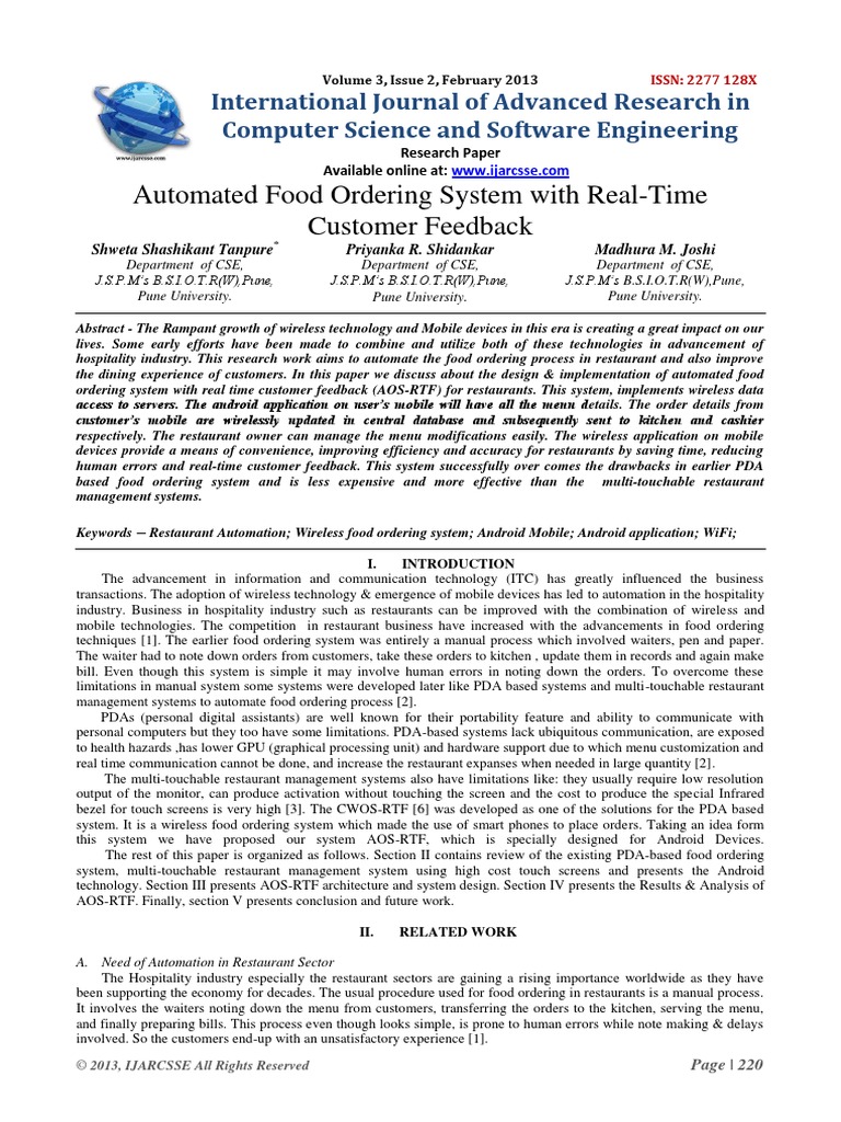 Automated Food Ordering System With Real-Time Customer Feedback | PDF ...