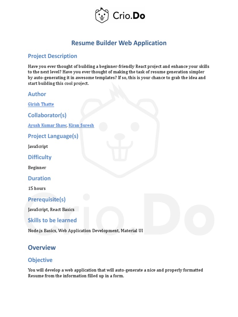 Resume Builder Web Application: Project Description | PDF | Web Application | Client–Server Model