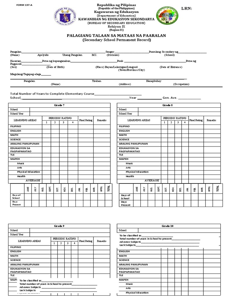 FORM 137 A Front RECONSTRUCTED FINAL | PDF | Childhood | Philippines