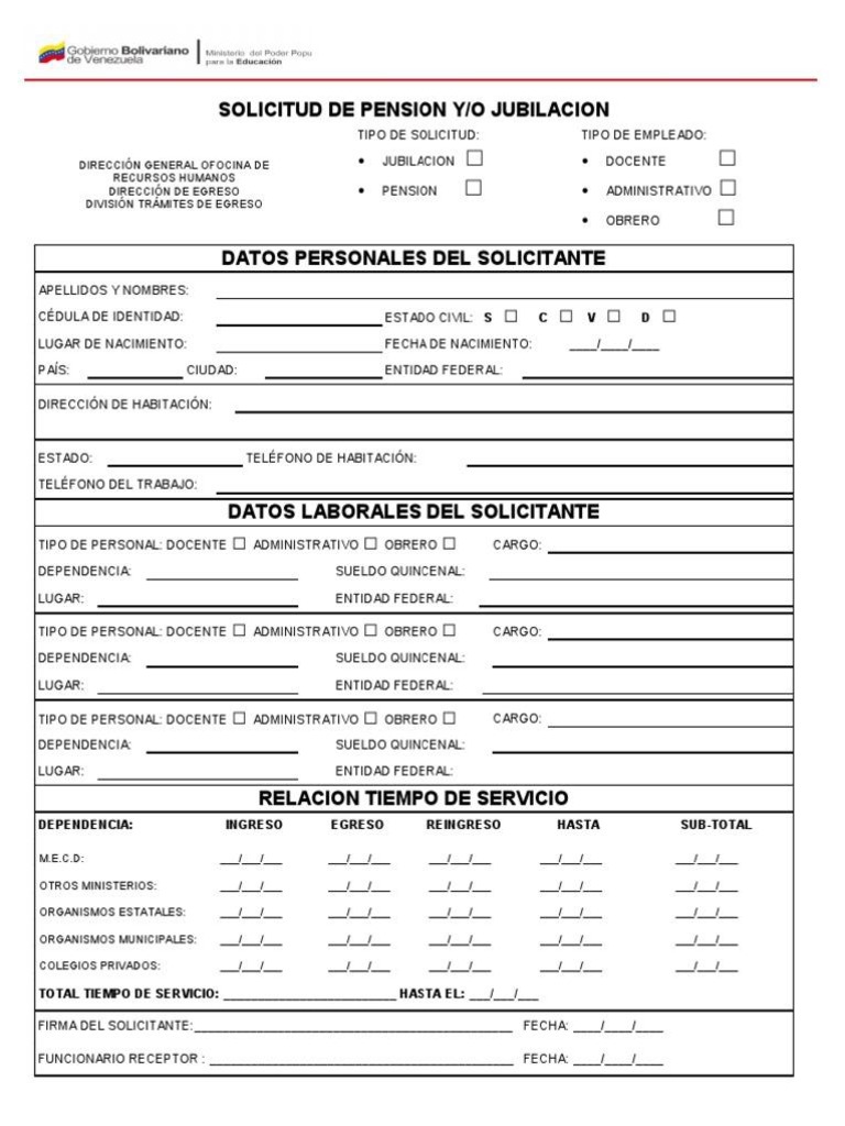 Planilla de Solicitud de Jubilacion Mppe | PDF