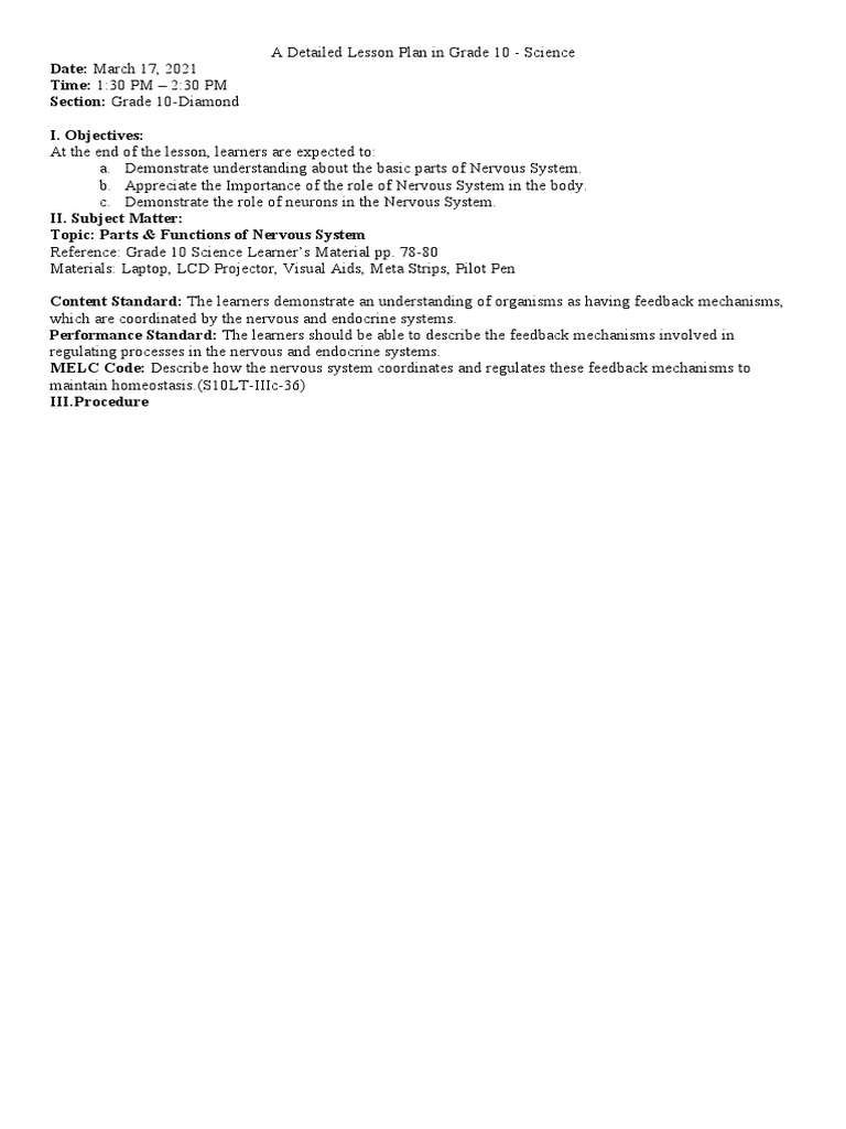 Grade 10 Science: Nervous System Lesson | PDF | Nervous System | Brain