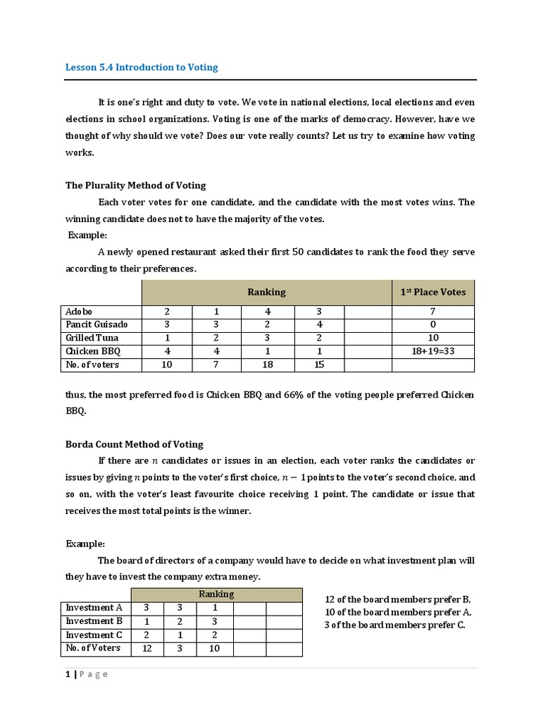 Lesson 5.4 5.6 Introduction To Voting | PDF | Voting | Social Epistemology