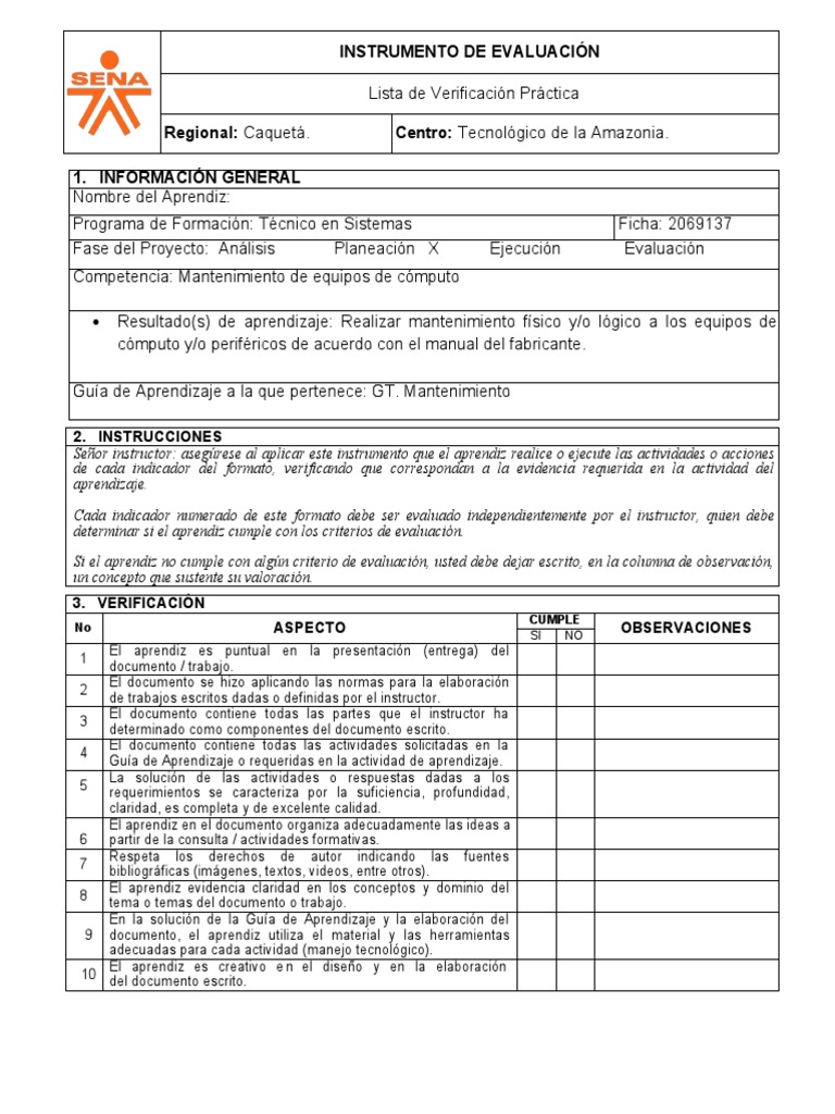 Lista de Verificación - Práctica | PDF | Evaluación | Aprendizaje