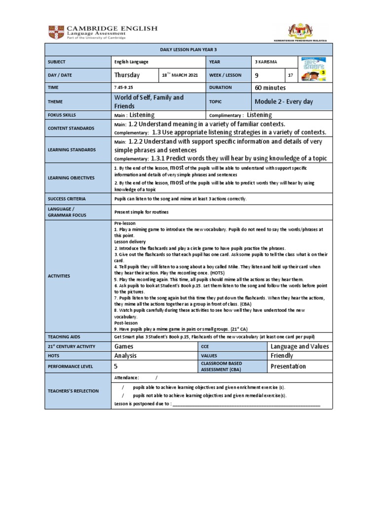 RPH Bi Year 3 Module 2 (LP17-L32) | PDF | Lesson Plan | Teachers