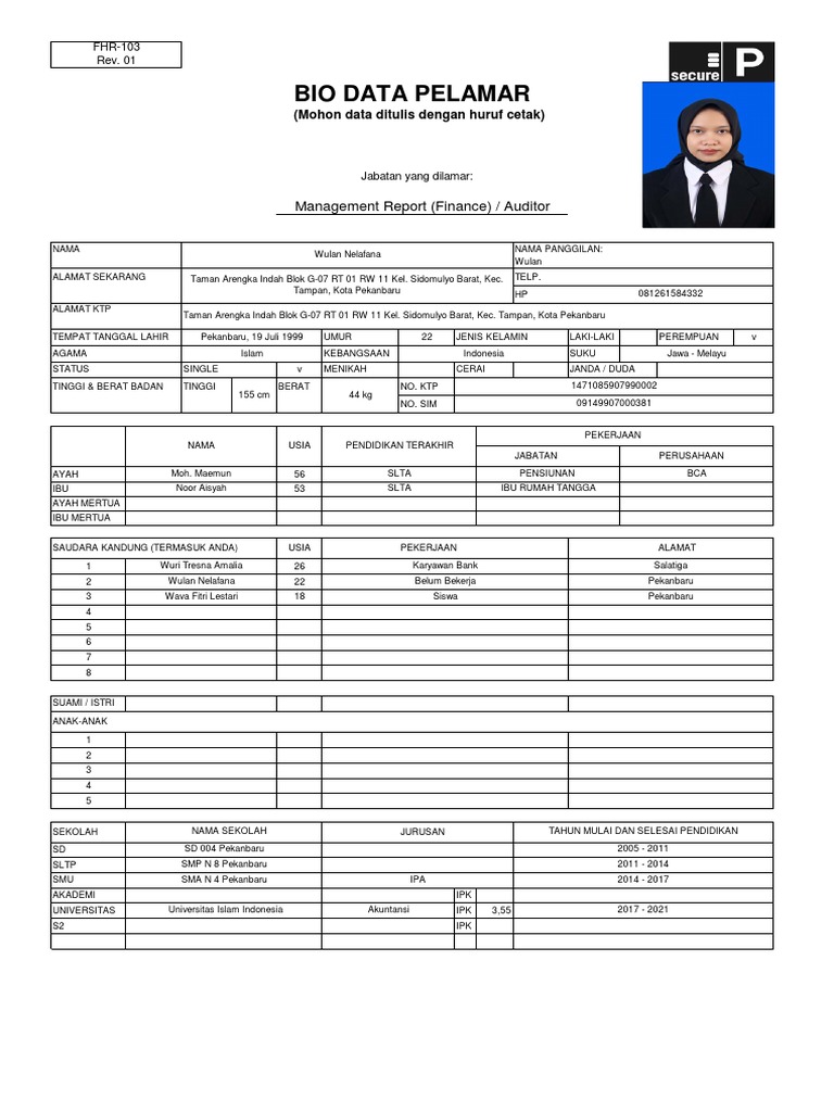 Bio Data Pelamar Kerja Wulan Nelafana | PDF