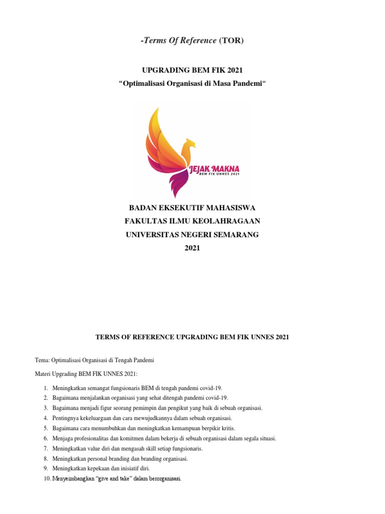 Terms of Reference Upgrading Bem Fik Unnes 2021 | PDF