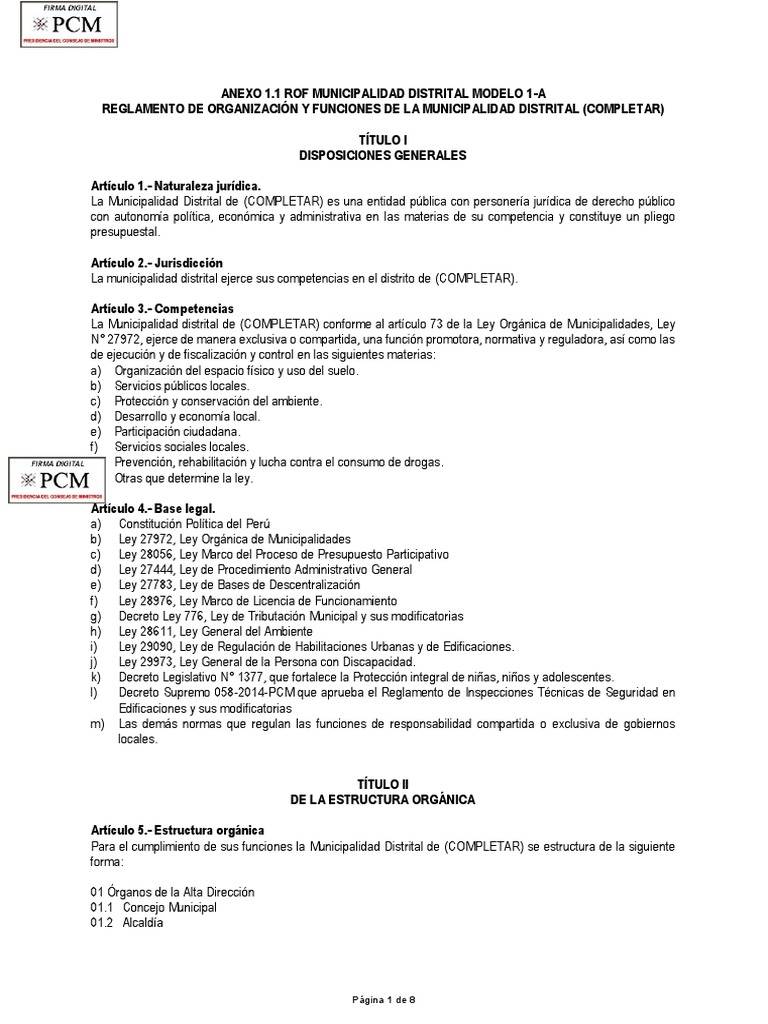 Anexo 1 Modelos de Texto de ROF | PDF | Gobierno local | Alcalde