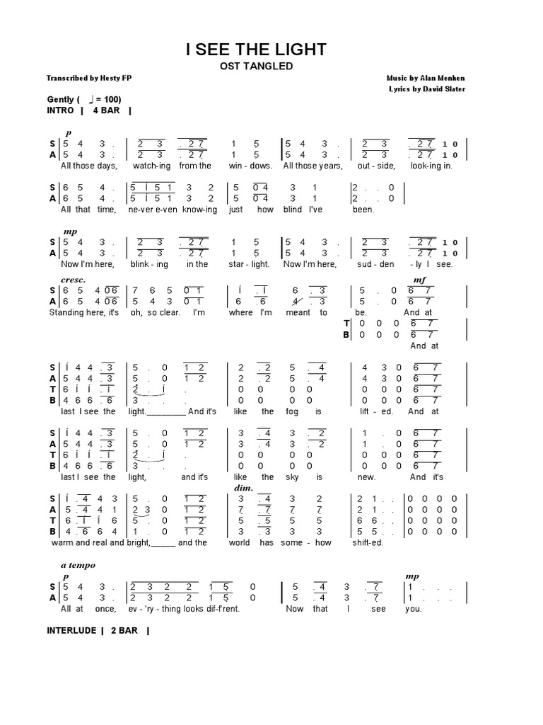 I See The Light (SATB + Piano) - Not Angka | PDF | Works | Song ...