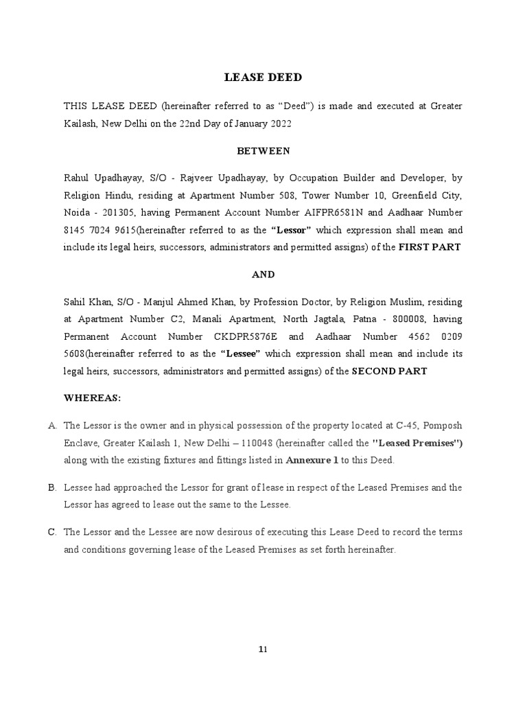 Residential Lease Deed With Option To Purchase and Lock-In Period | PDF ...